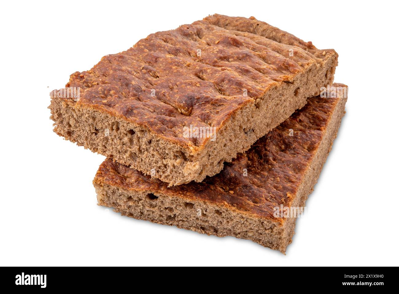 Whole wheat rye, barley, oat and spelt flour focaccia flatbread with ...