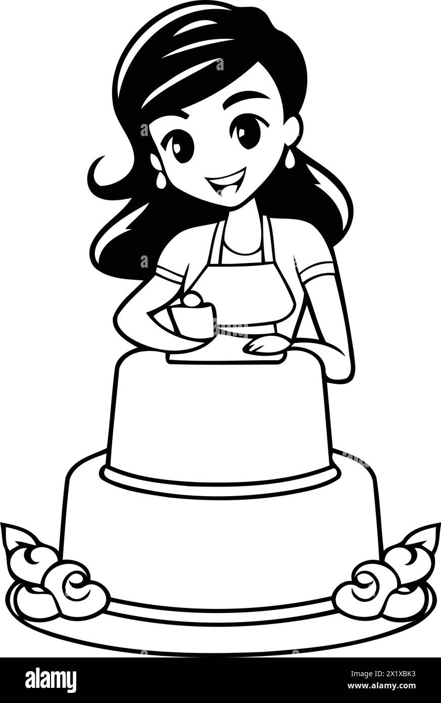 Cute cartoon girl holding a cake. Vector illustration on white ...