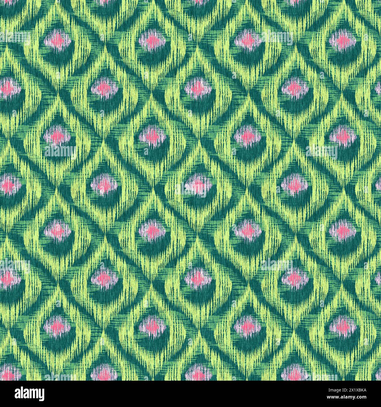 Vintage seamless pattern in ikat style. Retro green ikat pattern with ...