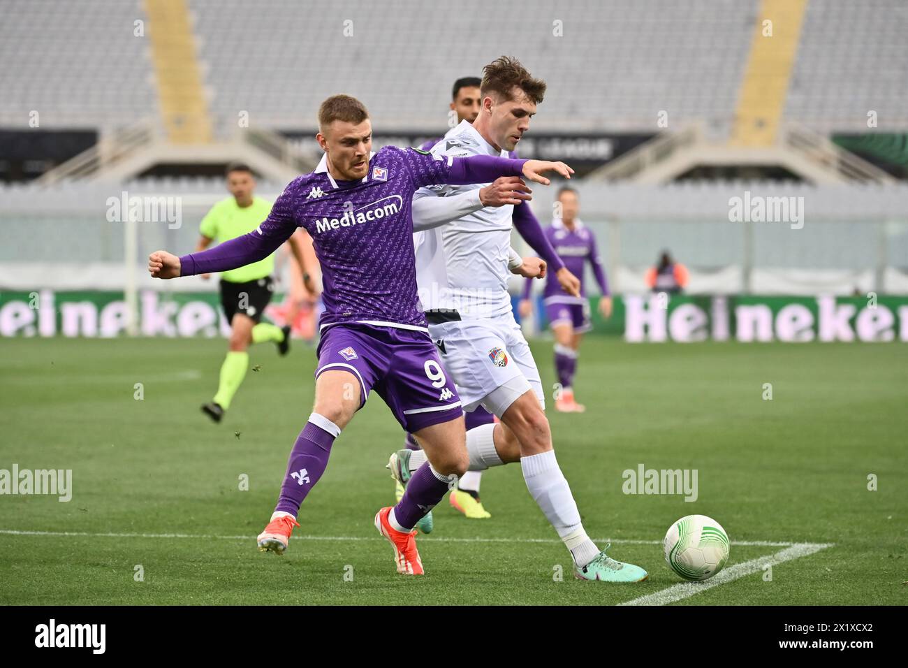 Firenze, Italia. 18th Apr, 2024. FiorentinaÕs Lucas Beltran fights for ...