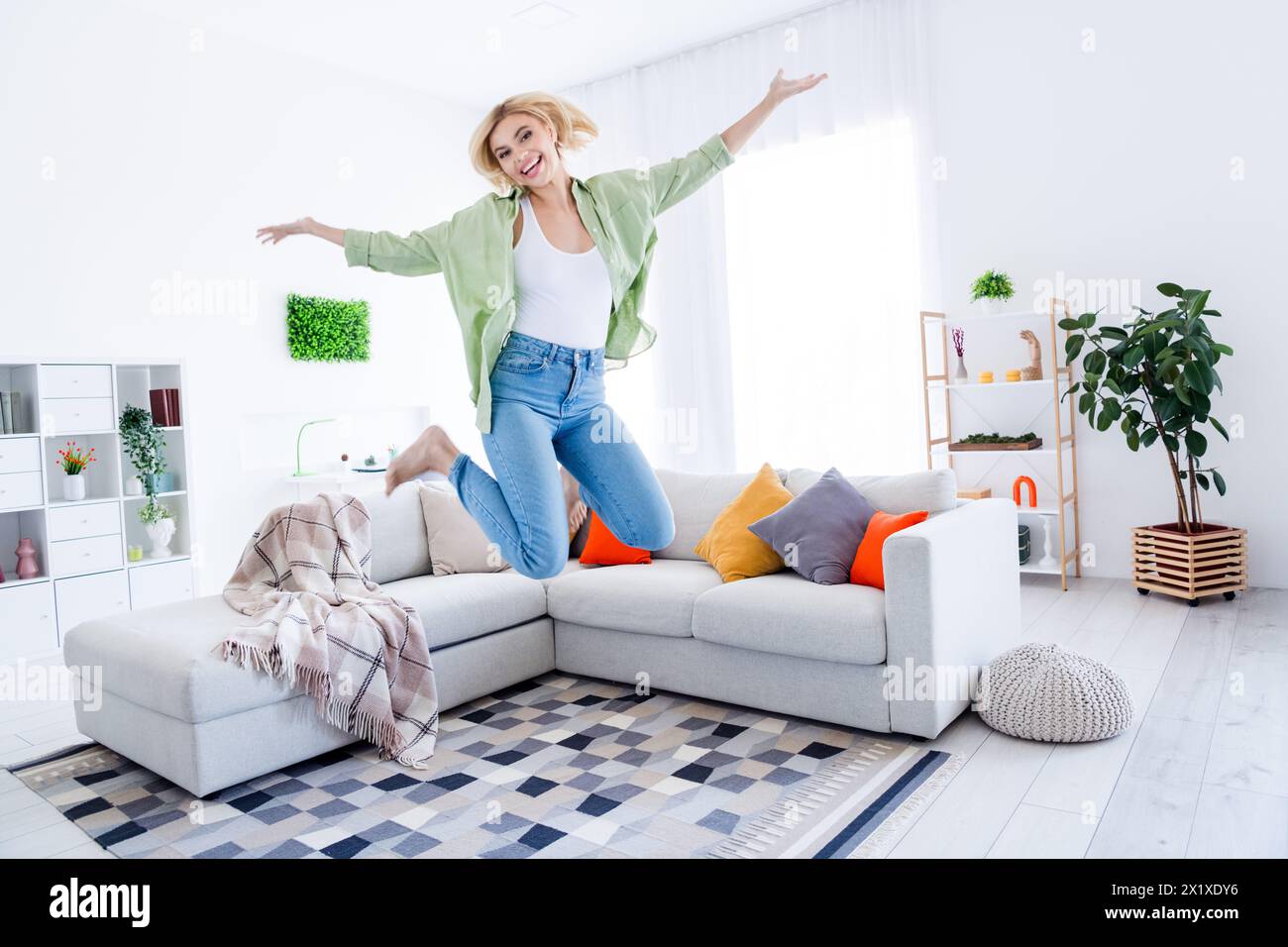 Full size photo of pretty young female jump flying high wear trendy ...