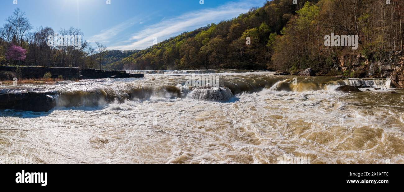 Aerial eye level view of raging water in Tygart river at Valley Falls ...
