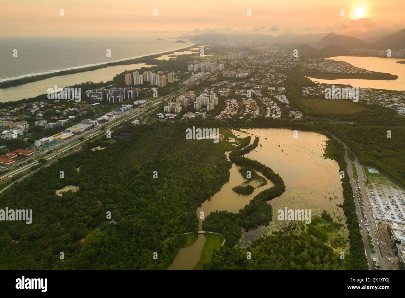 Aerial View of Bosque da Barra Park in Rio de Janeiro on Sunset Stock ...