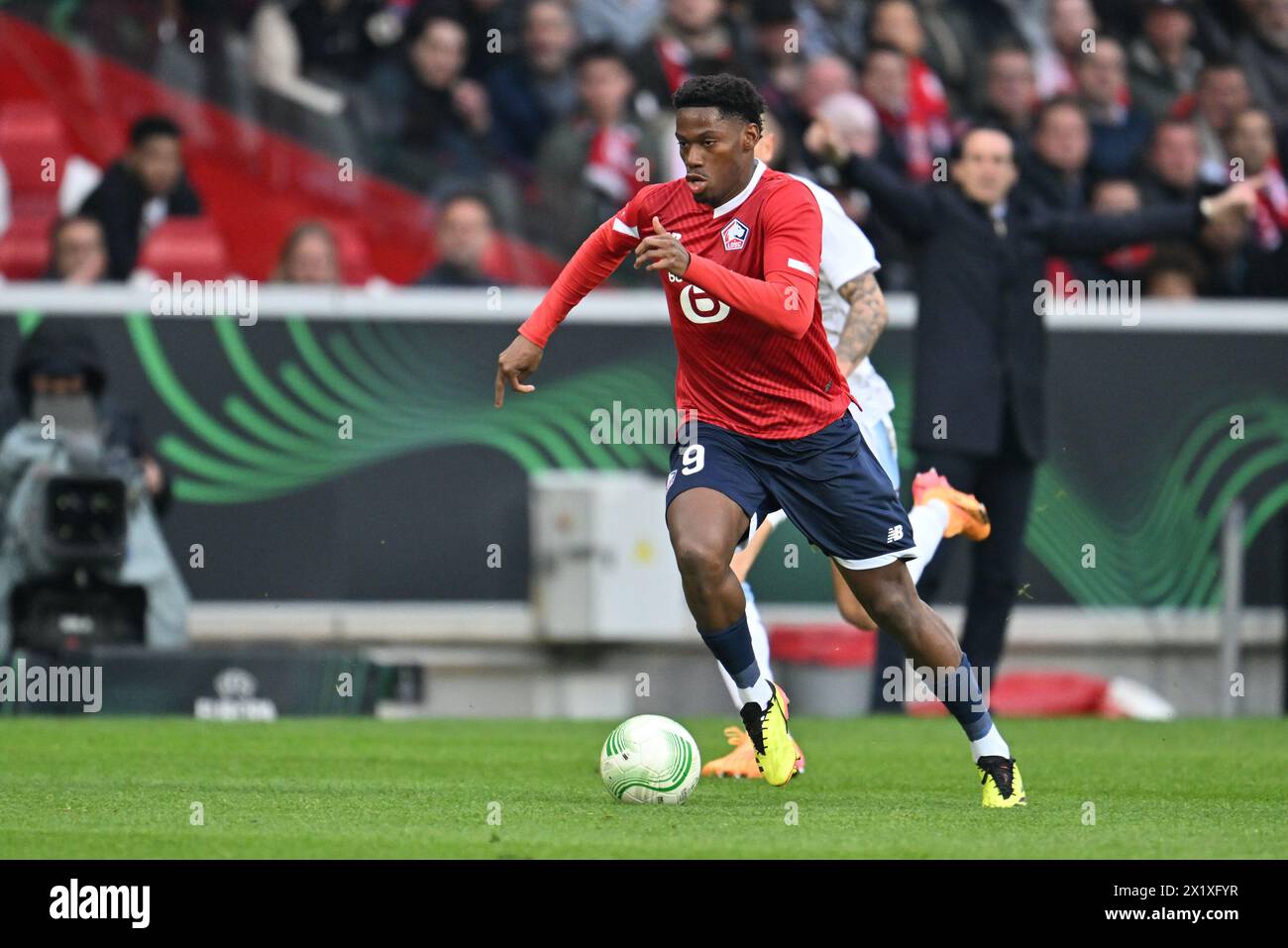 Lille, France. 18th Apr, 2024. Jonathan David (9) of Lille pictured in action during the Uefa ...