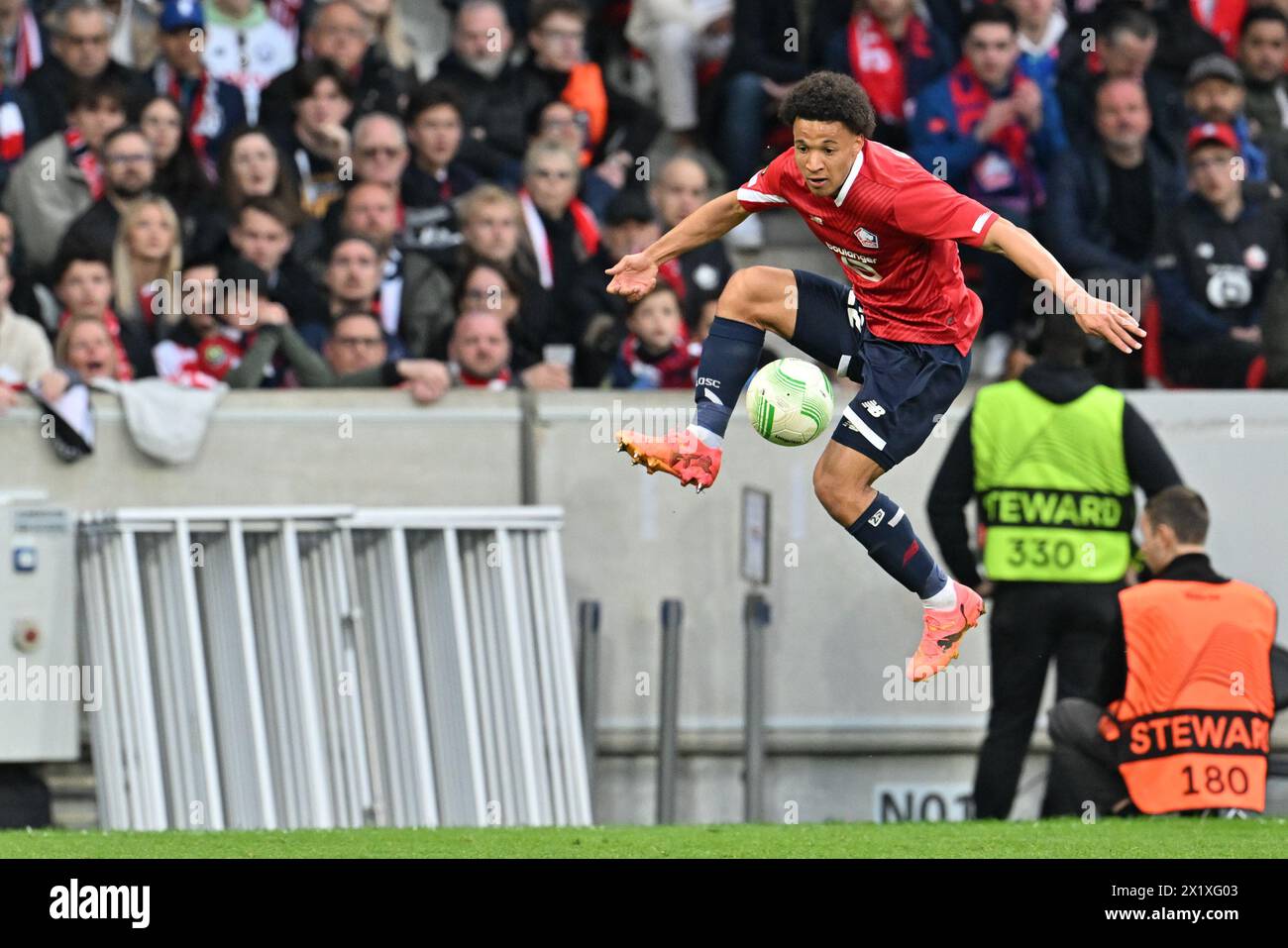 Lille, France. 18th Apr, 2024. Tiago Santos (22) of Lille pictured during the Uefa Conference ...