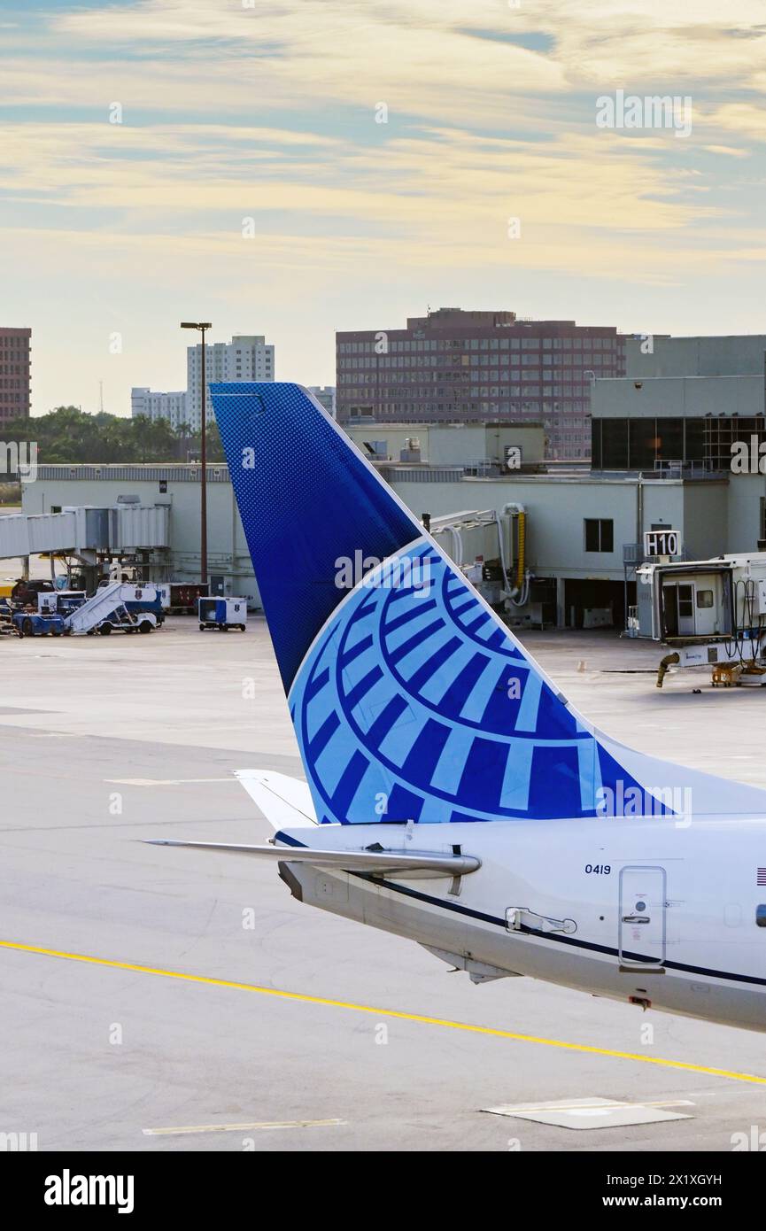 Miami, Florida, USA - 5 December 2023: Tail fin of a Boeing 737 jet ...