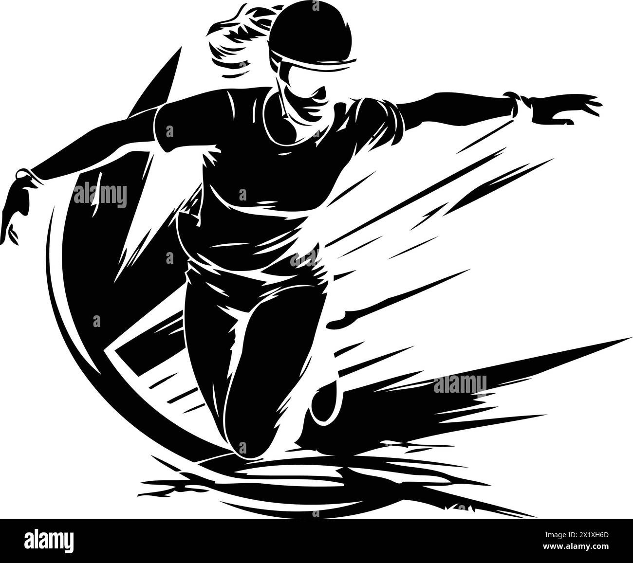 Illustration of a female baseball player jumping in front of a bright ...