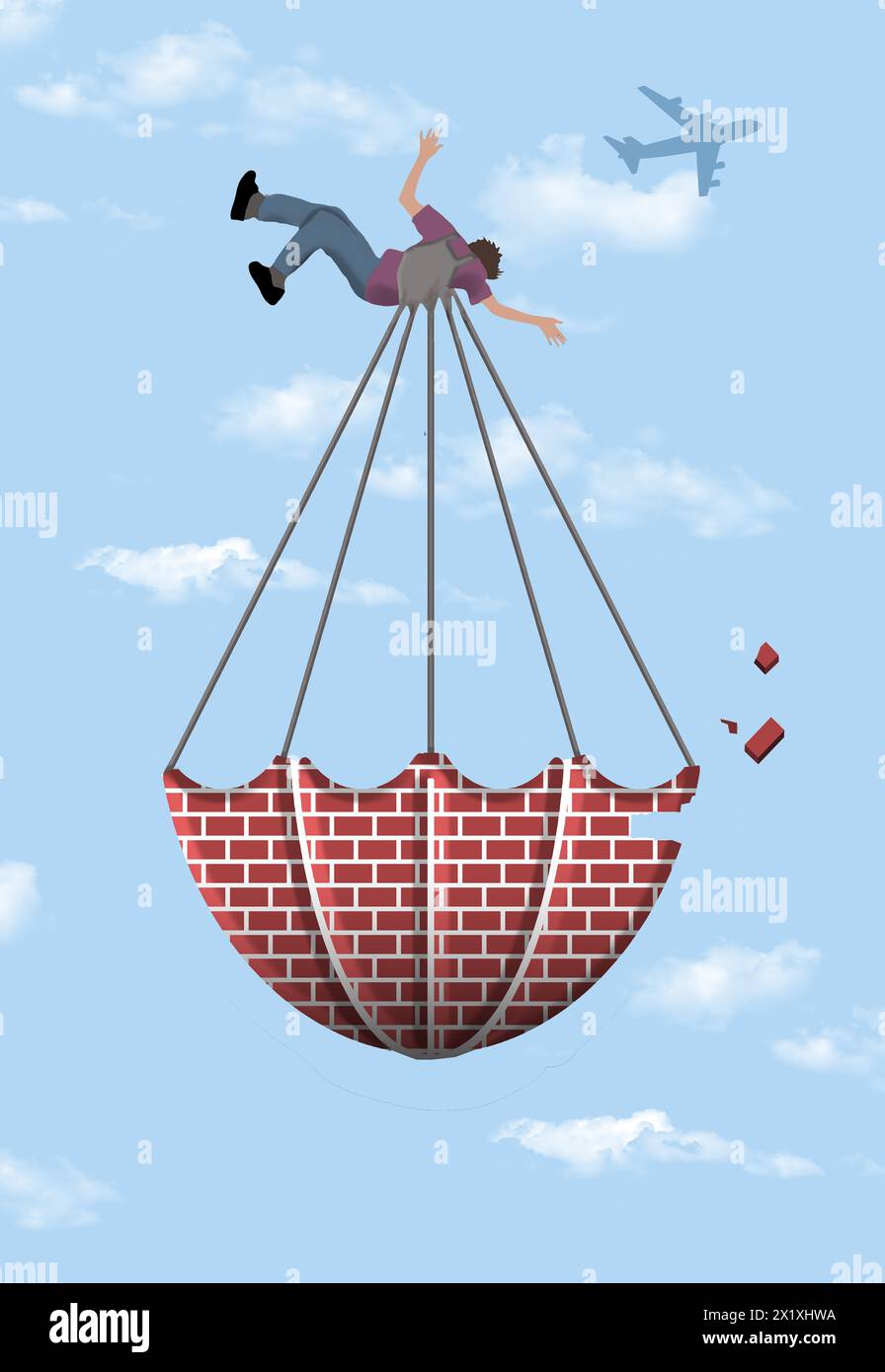 A man is pulled down by a parachure made of bricks in a 3-d ...