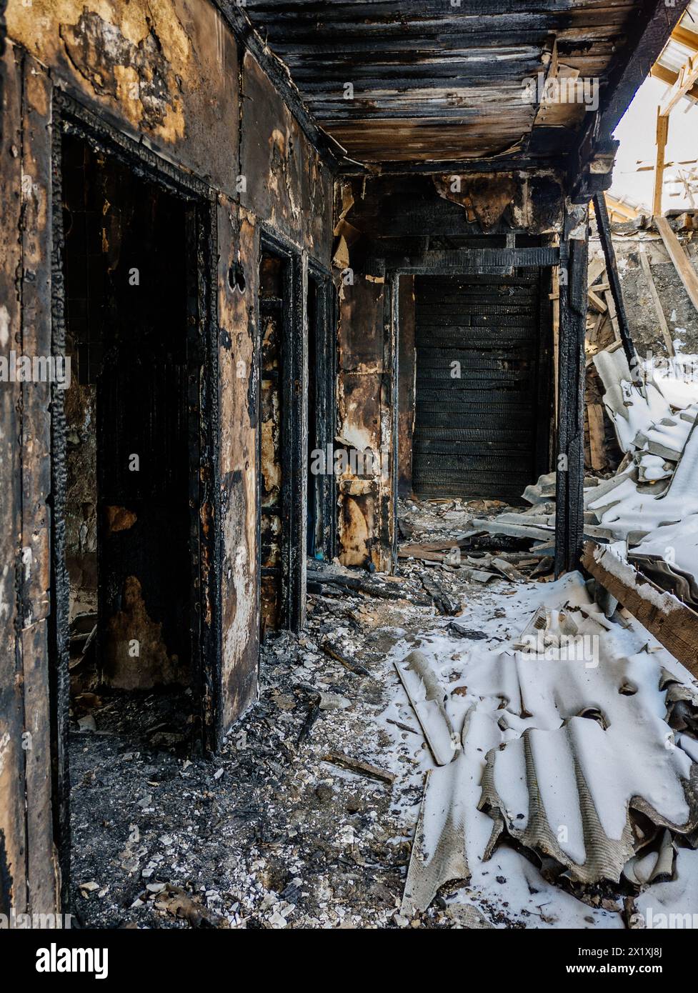 Burned room interior in apartment house. Consequences of fire concept ...