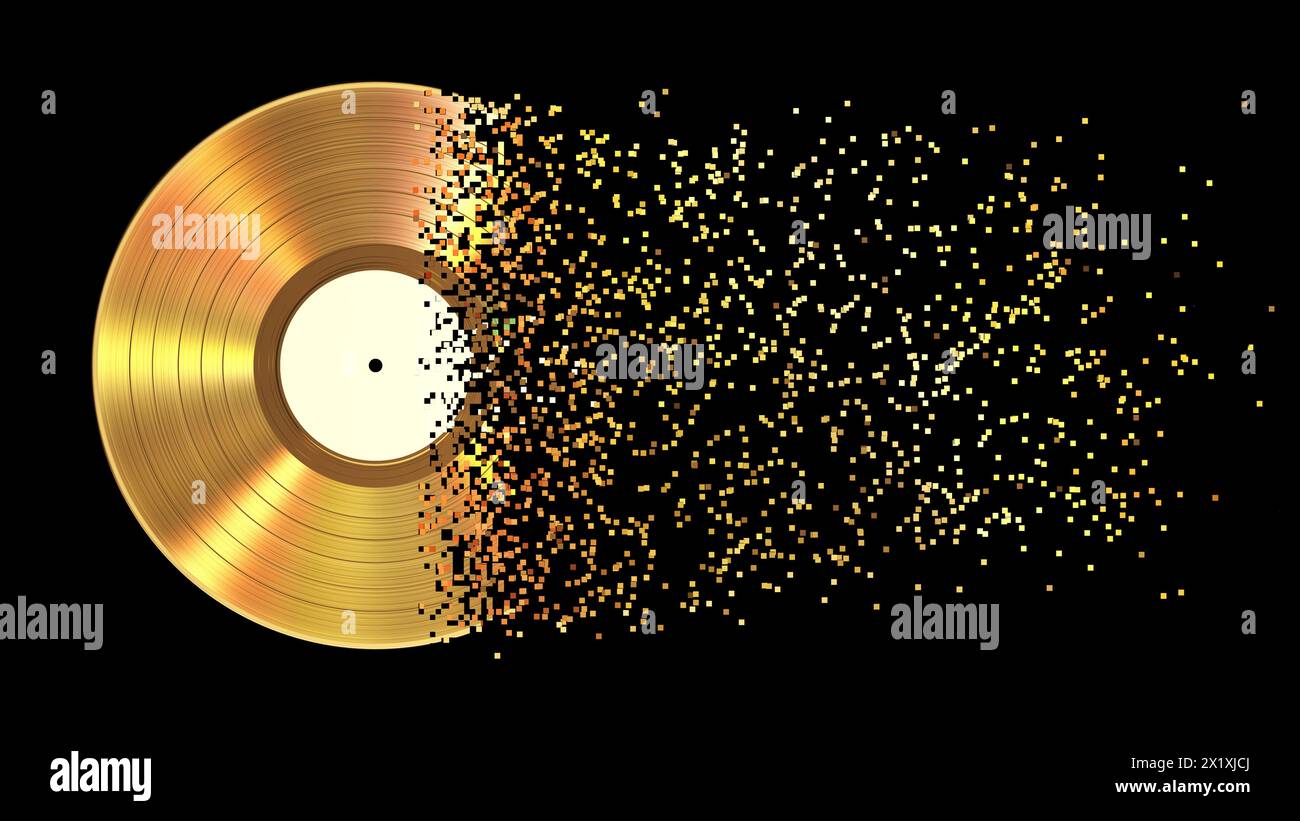 Iridescent gold vinyl disk crumbles into pixels Stock Photo - Alamy