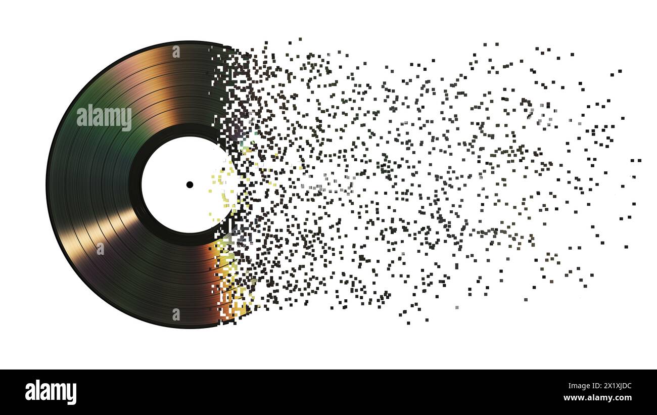 Iridescent vinyl disk crumbles into pixels Stock Photo - Alamy
