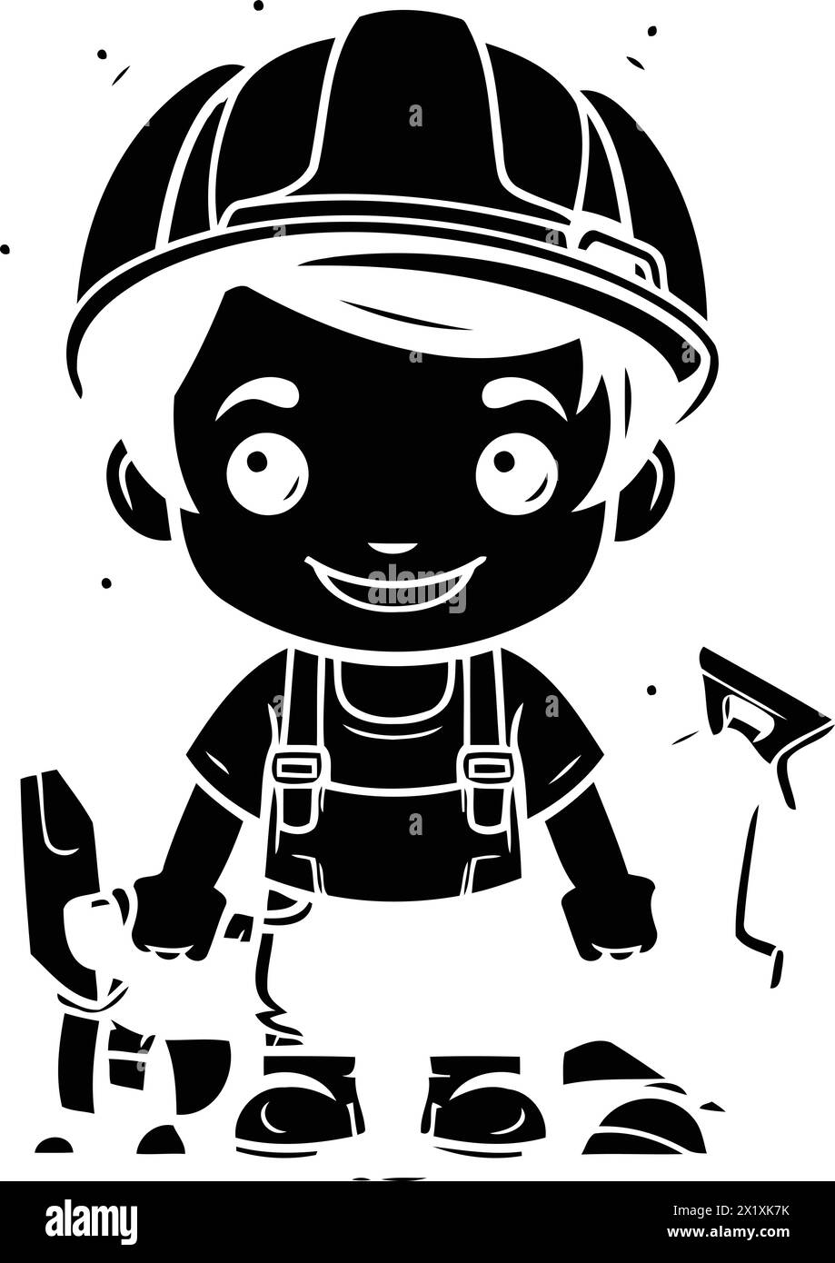 Cartoon construction worker with tools on blue background. Vector ...