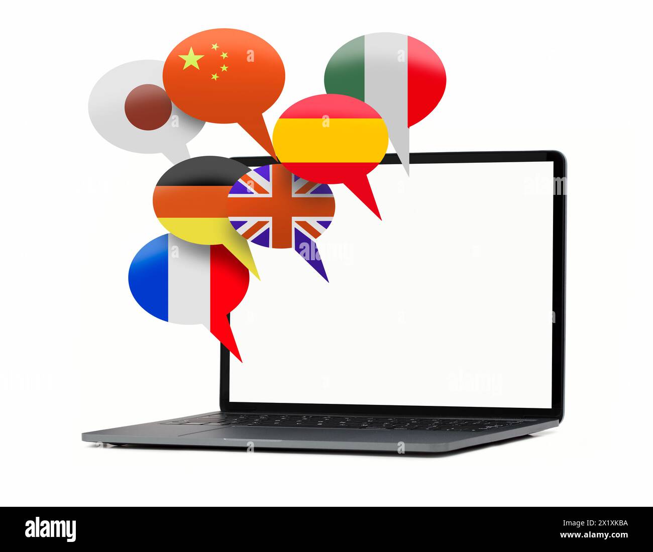 Laptop with bubble speech flags. Learning languages online, translate ...