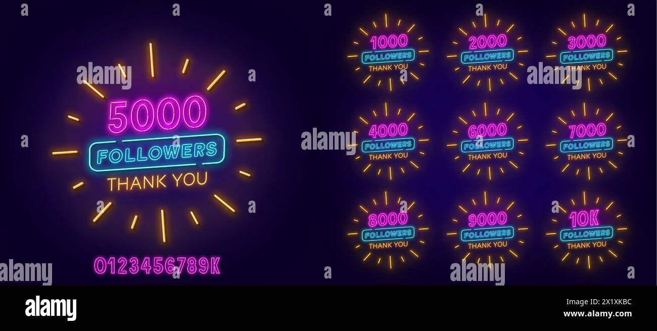 Neon message Thank You 1000, 2000, 3000, 4000, 5000 ,6000 ,7000, 8000, 9000 and 10k Followers on ...