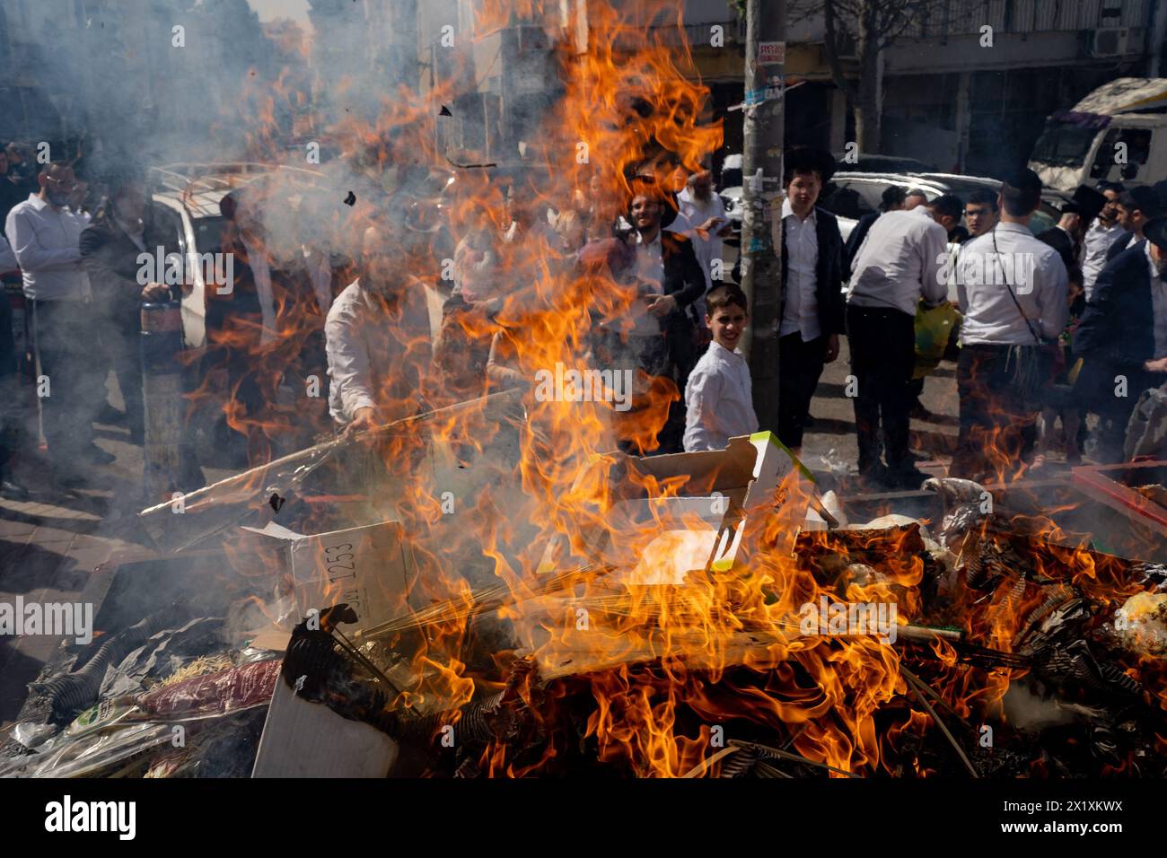 A view of a fire set for burning the leaven before the Passover ...