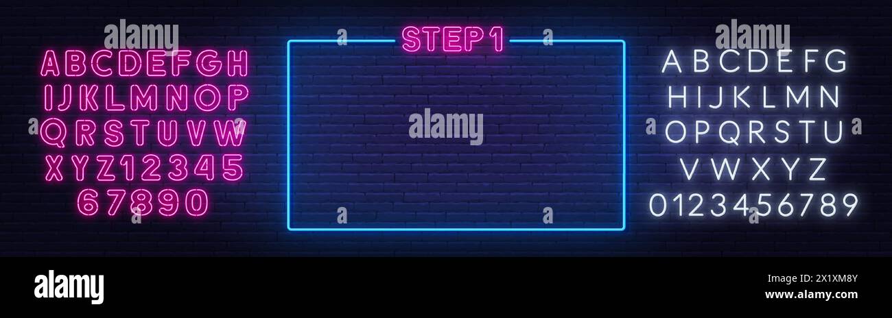 Neon step 1 sign in a frame on brick wall background Stock Vector Image ...