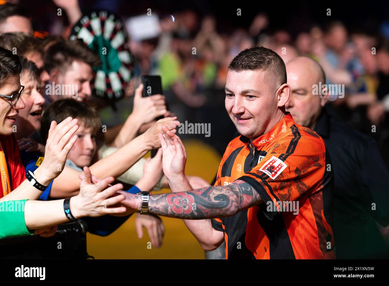 ROTTERDAM, NETHERLANDS - APRIL 18: Nathan Aspinall of England during the 2024 BetMGM Premier ...