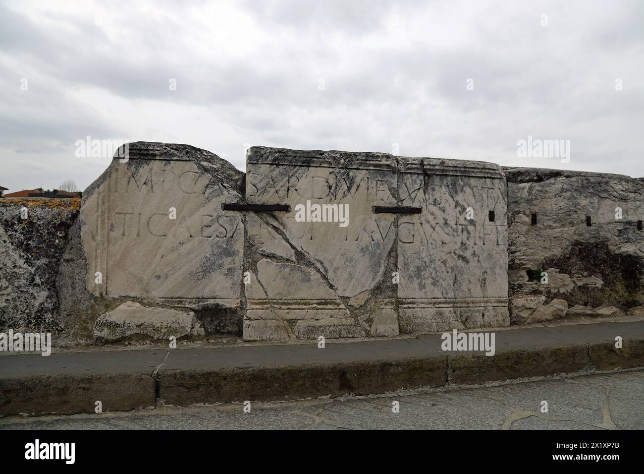 Detail of the Latin inscription on the iconic Bridge of Tiberius in ...