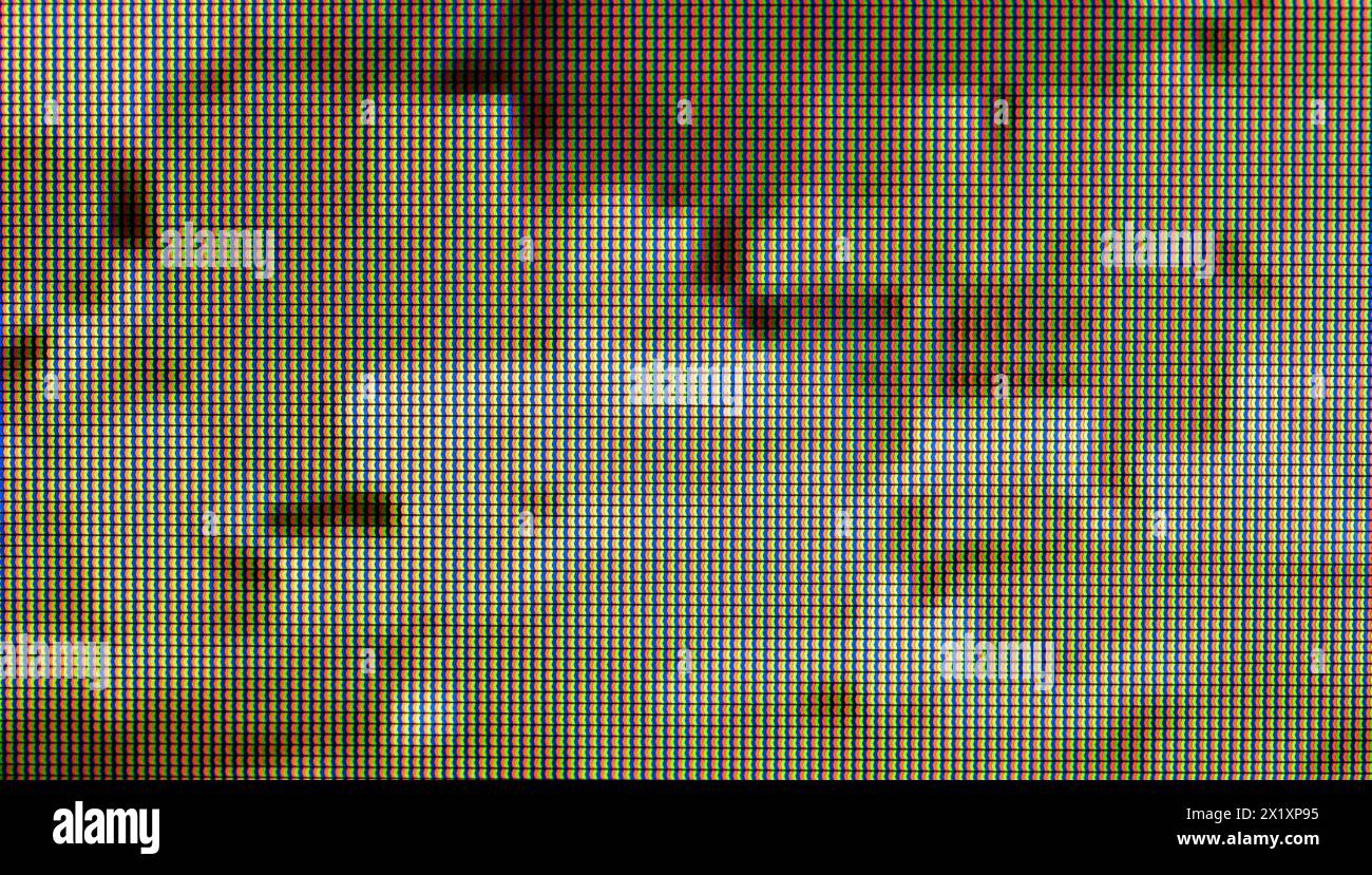 Close-up view of an LCD screen display, chaotic digital glitch pattern, distorted abstract ...