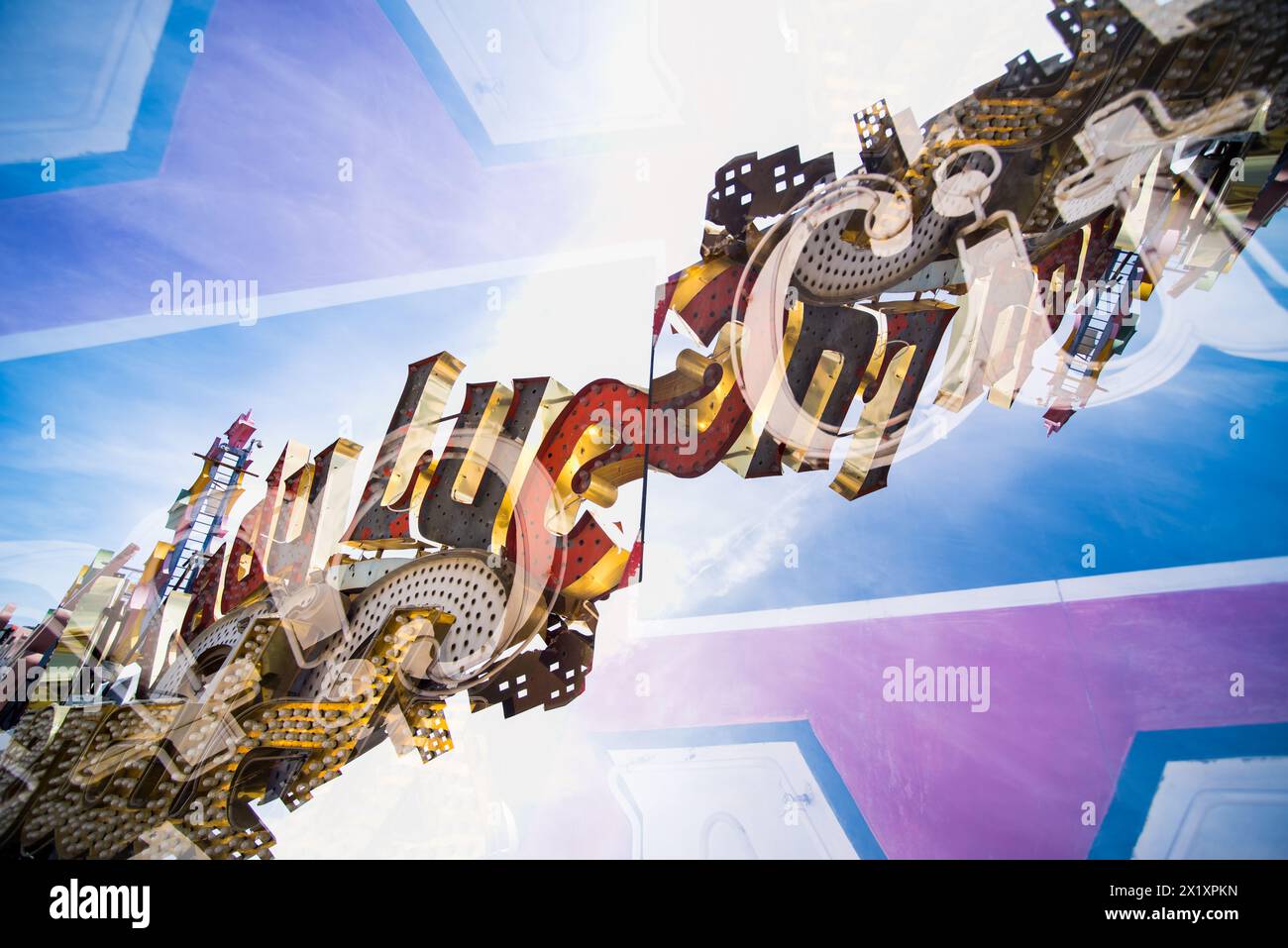 Double exposure of abandoned and discarded neon Lucky sign in the Neon ...