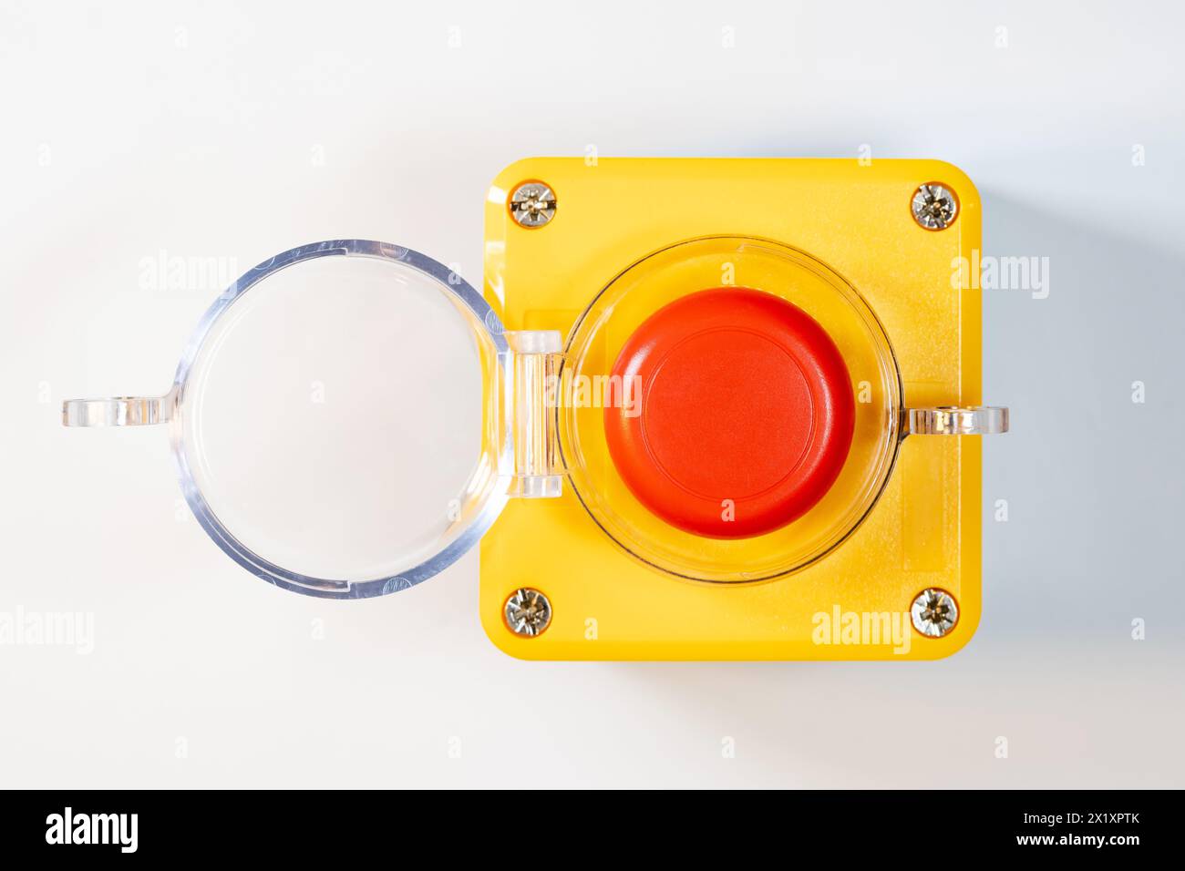 Large red emergency stop button see from above, top view, with open ...