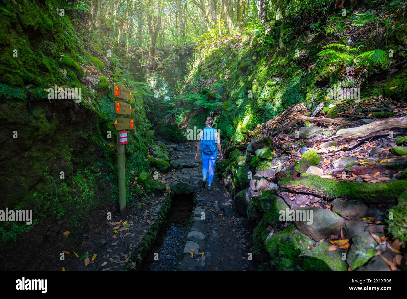 Description: Backpacker walking along the water canal path in the ...