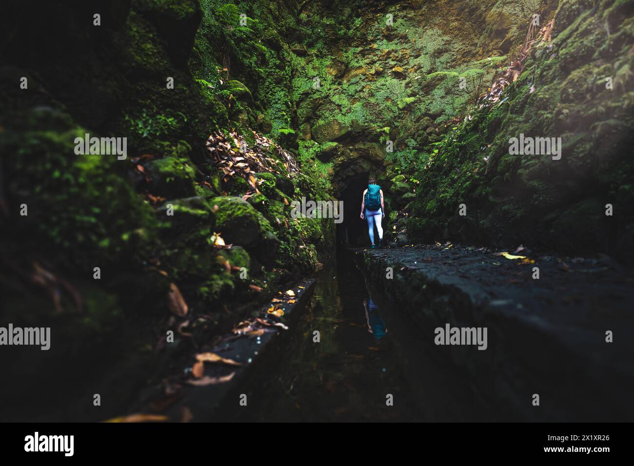 Description: Female tourist walks along water canal hike path towards a ...