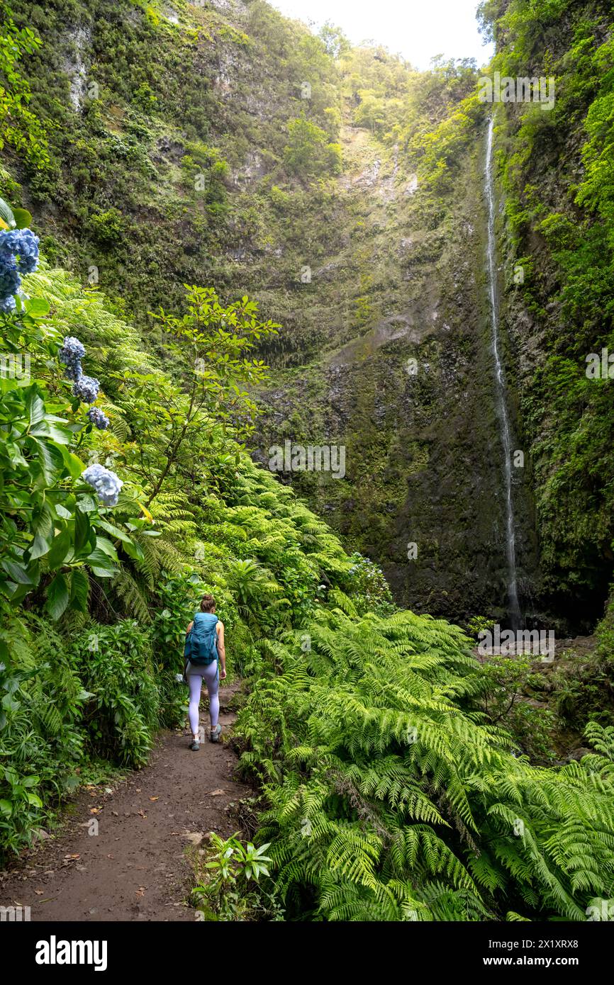 Description: Backpacker toursit walks to a big scenic waterfall ...