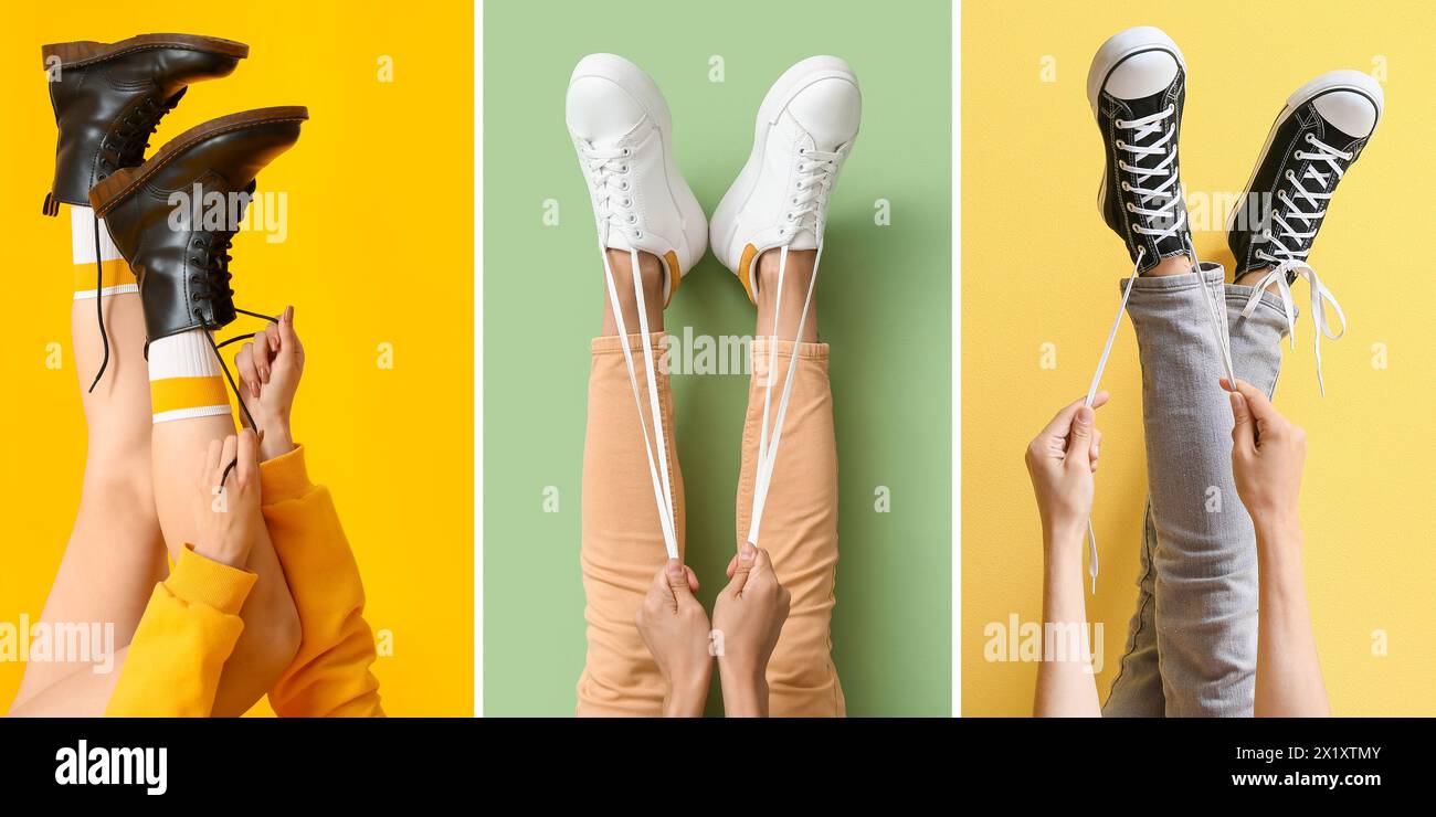 Collage of stylish shoes on yellow and green backgrounds Stock Photo ...