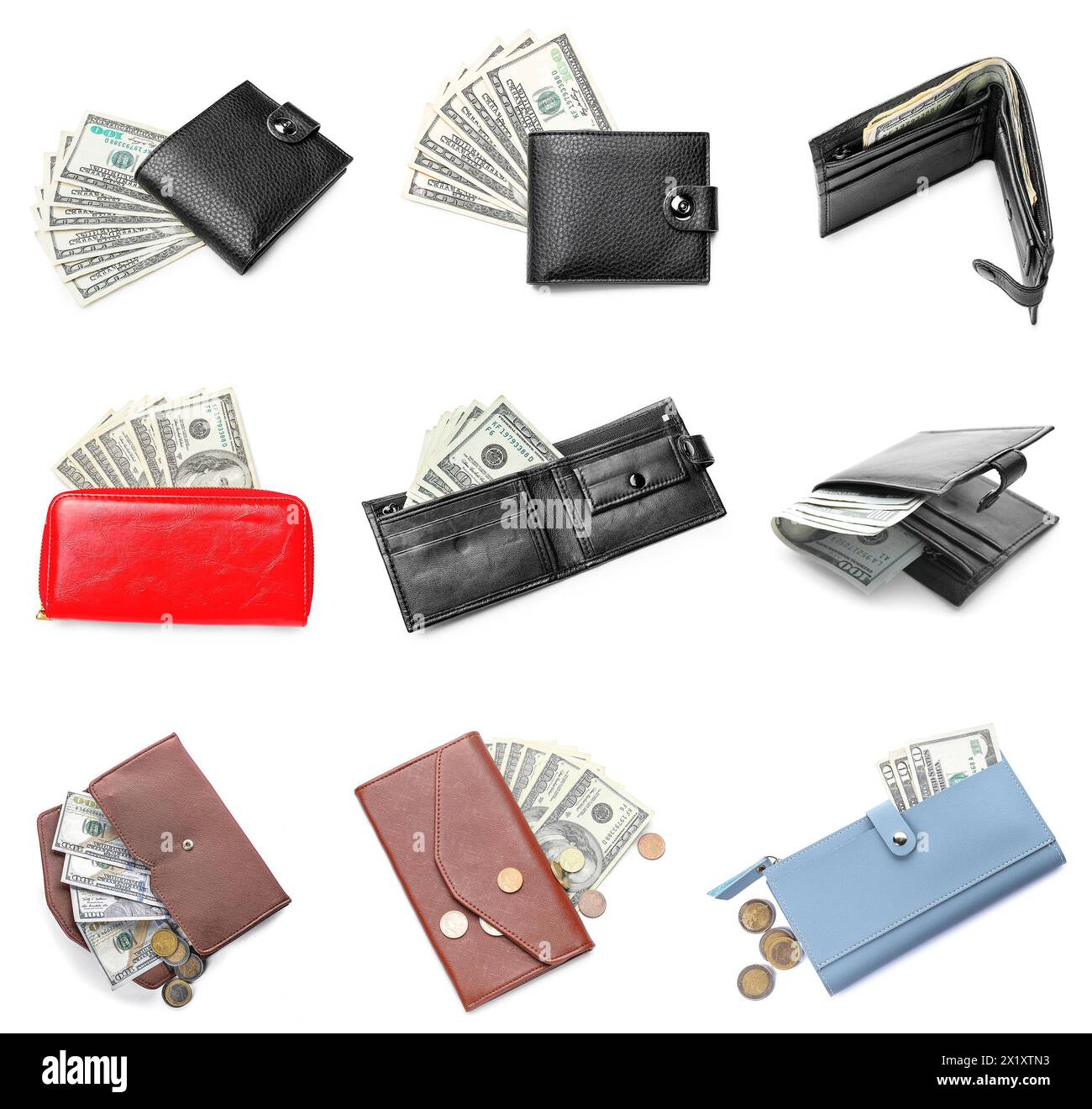 Set of wallets with dollar banknotes on white background Stock Photo ...