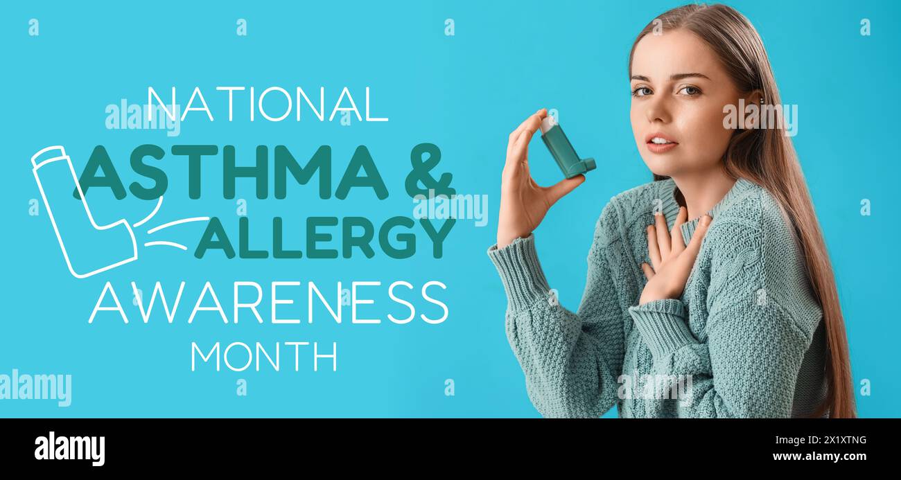 Young woman with inhaler on blue background. Banner for National Asthma ...