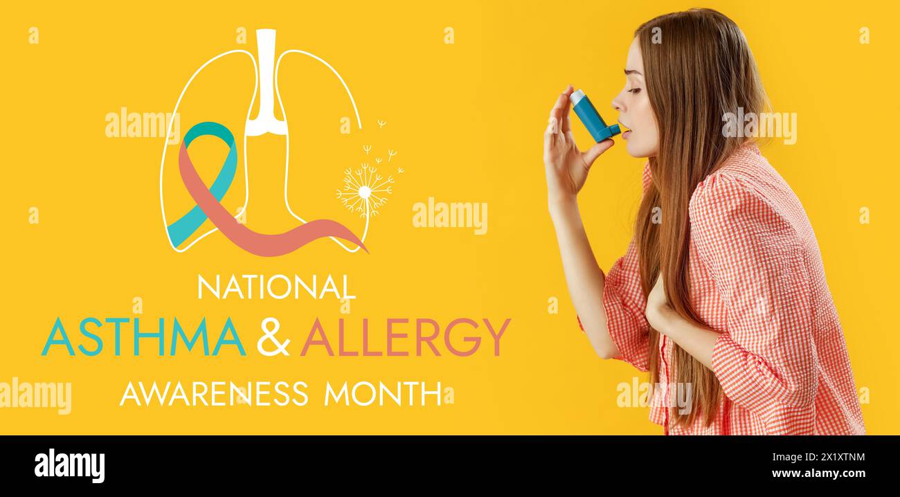 Young woman with inhaler on yellow background. Banner for National ...