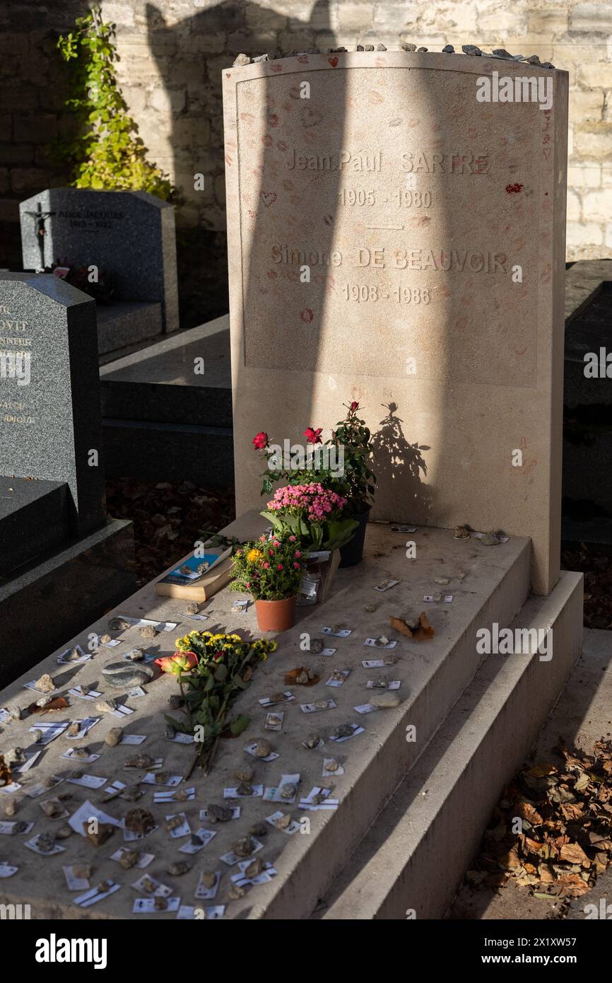 A grave of Jean-Paul Sartre and Simone de Beauvoir on Montparnasse ...