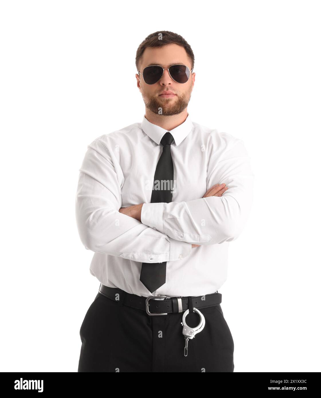 Male police officer with crossed arms on white background Stock Photo ...