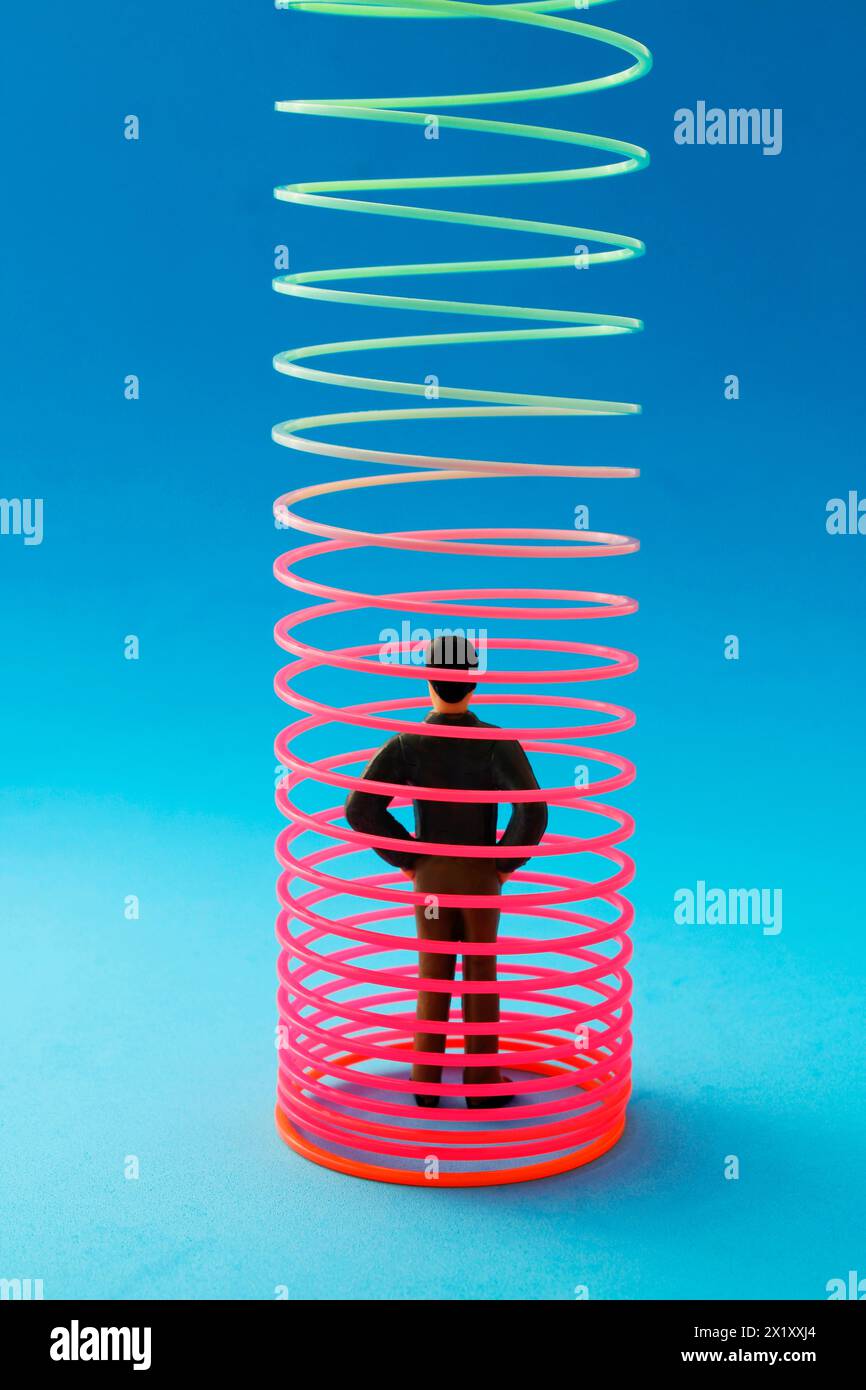 Man from back isolated inside cylindrical structure (plastic human ...