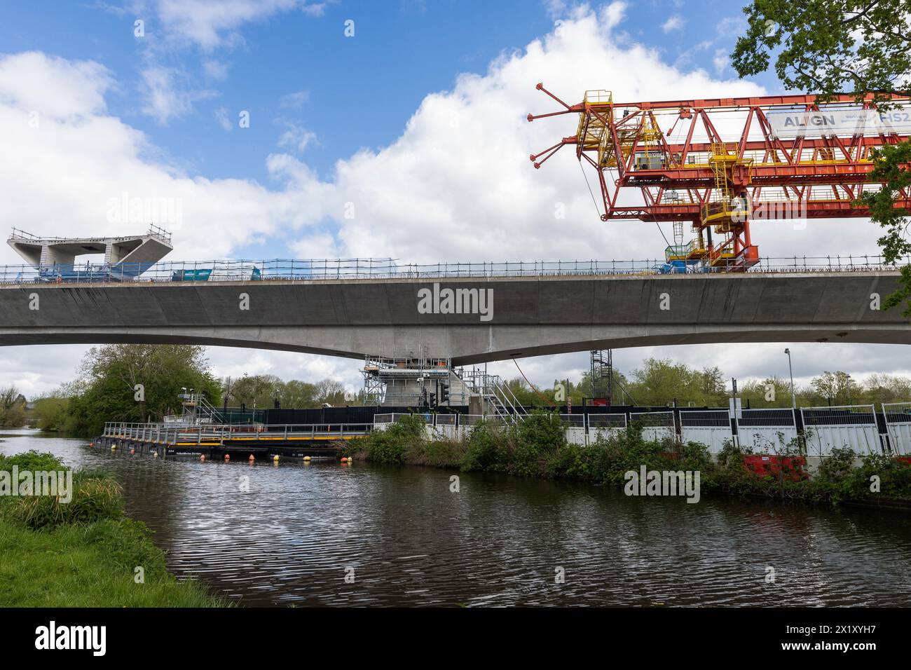 London, UK. 16th April, 2024. A 700-tonne launching girder is used above the Grand Union Canal ...