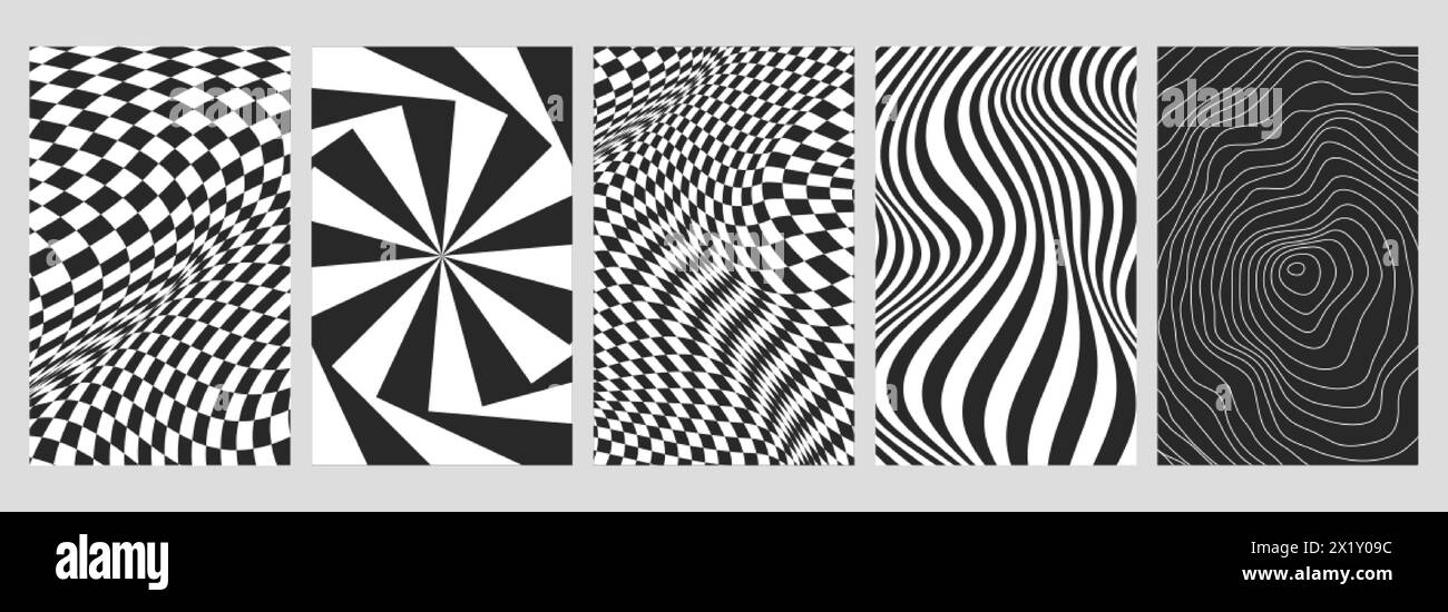 Set of warped checkerboard posters with distorted swirl and checkered ...