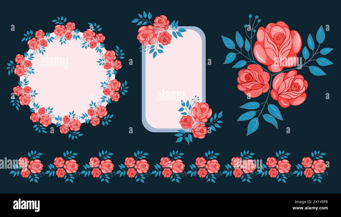 Red roses frame , border set, isolated on the dark background coquette ...