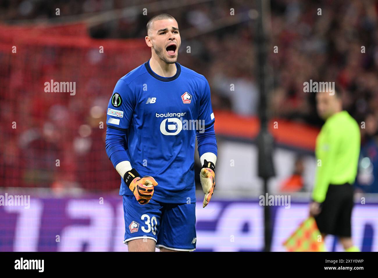 Lille, France. 18th Apr, 2024. goalkeeper Lucas Chevalier (30) of Lille pictured during the Uefa ...