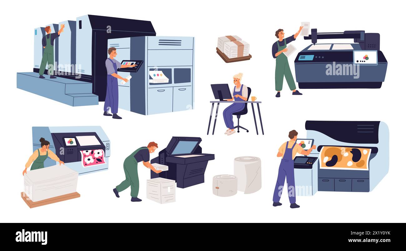 Print shop workers. Polygraphy equipment. Copying and printing machines ...