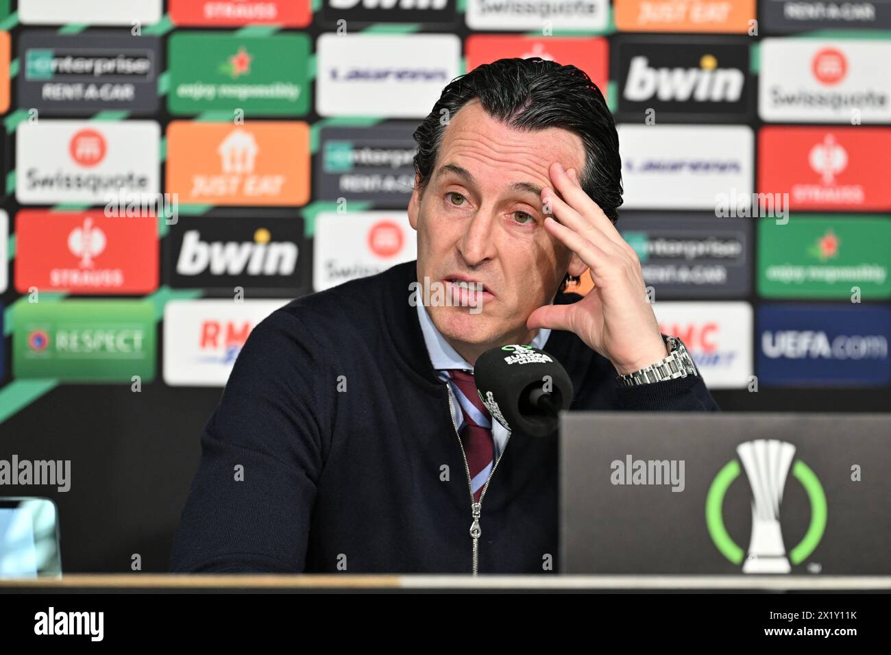 Lille, France. 18th Apr, 2024. Head Coach Unai Emery of Aston Villa pictured during the post ...
