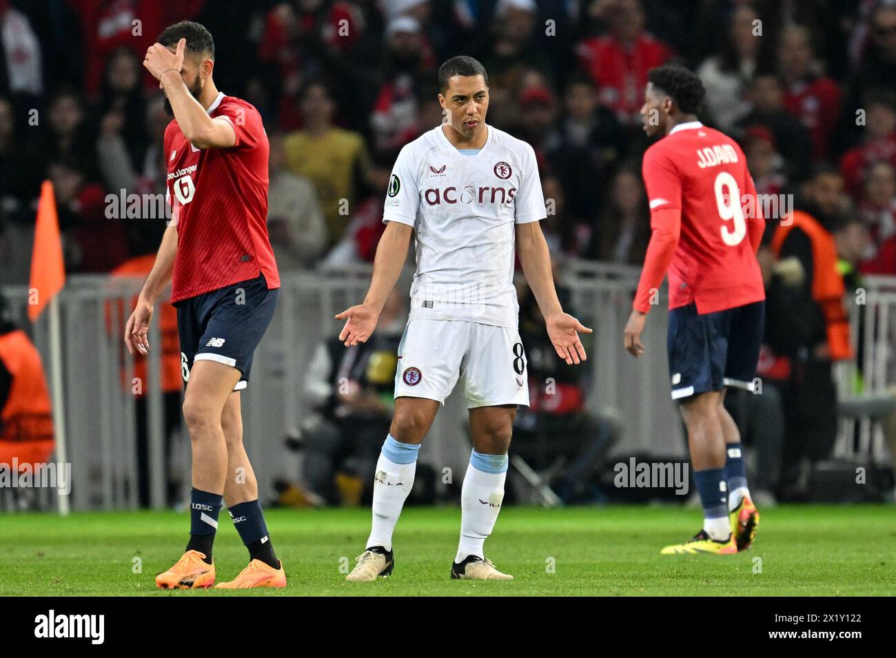 Lille, France. 18th Apr, 2024. Youri Tielemans (8) of Aston Villa pictured during the Uefa ...