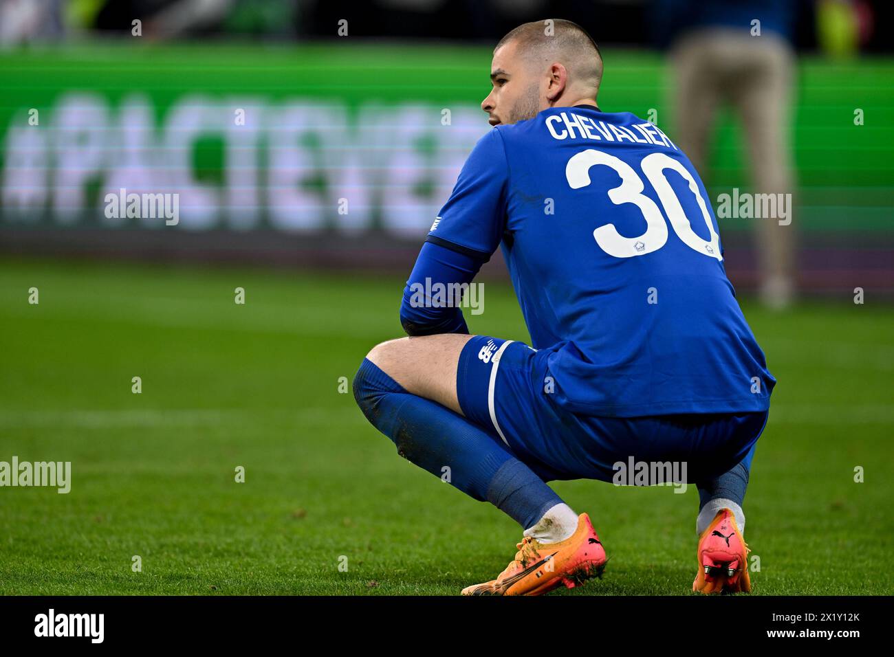 Lille, France. 18th Apr, 2024. goalkeeper Lucas Chevalier (30) of Lille looking dejected and ...