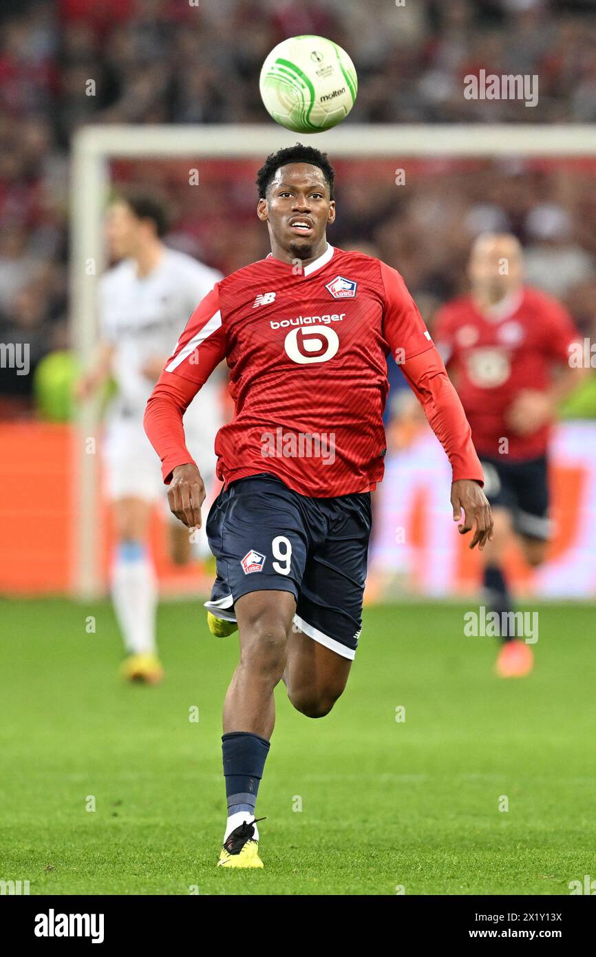 Lille, France. 18th Apr, 2024. Jonathan David (9) of Lille pictured in ...