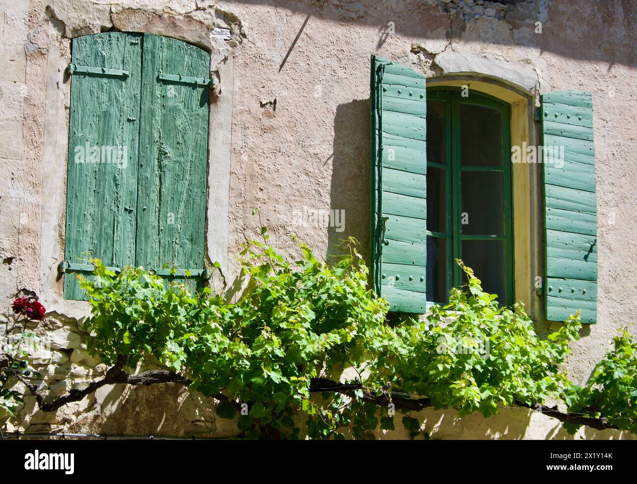 Old stone building with windows and green wooden shutters behind lush ...