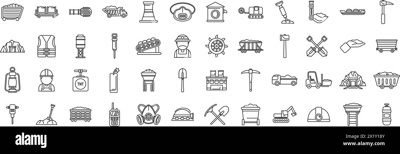 Coal mining icons set outline vector. Mine factory. Rock energy fossil ...