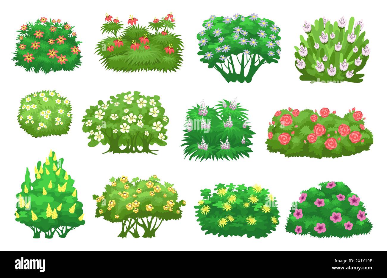 Green garden bushes with flowers. Decorative summer plants. Cartoon ...