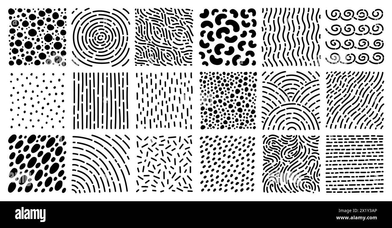 Abstract black doodle textures. Trendy monochrome simple patterns, hand ...