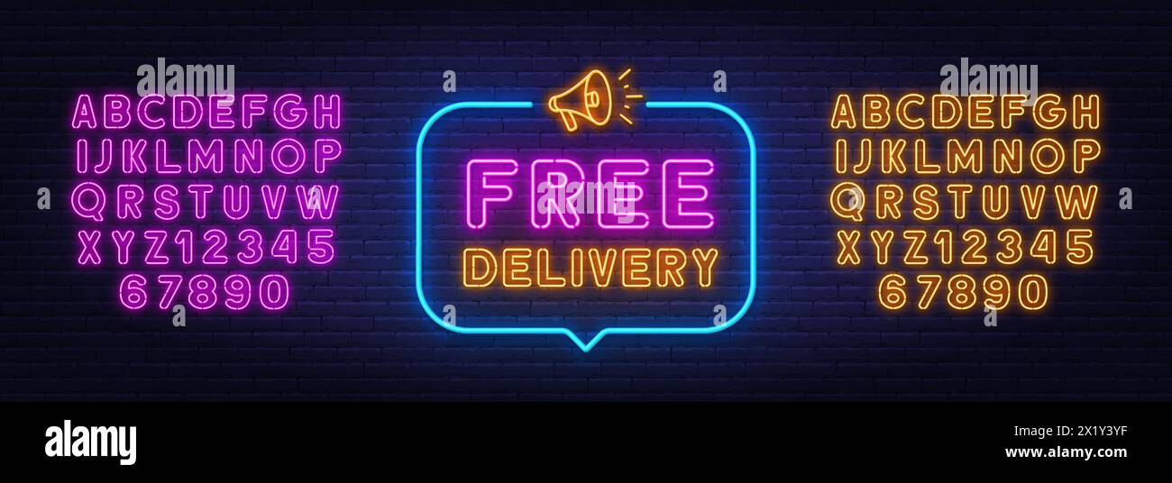 Free Delivery neon sign in the speech bubble on brick wall background ...