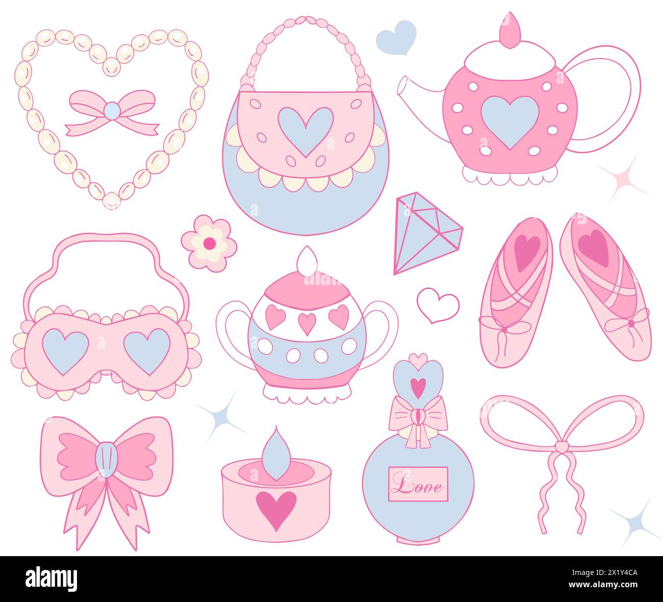 Cute pink retro 90s coquette style set with Beautiful dishes, bow ...